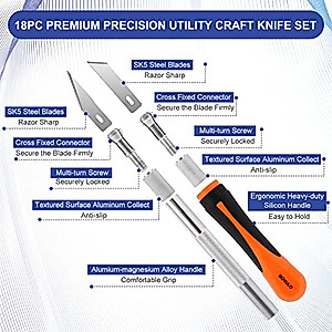 18pc Precision Utility Craft Knife Set - Premium Hobby Knife Cutting Tool with Sharp Blades for Architectural Models, Carving Pumpkins / Stencils, Paper / Leather/vinyl Crafts, Miniatures by Bovulo