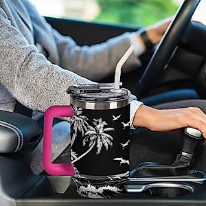 Palm Tree Black 40 Oz Tumbler Insulated Stainless Steel Water Bottle Travel Mug Car Cup with Handle And Straw