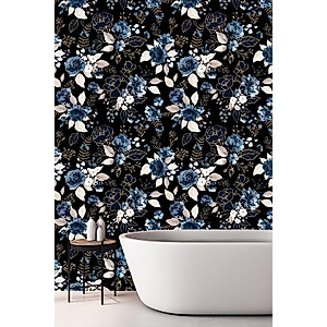 MIAHOME Black and Gold Floral Vintage Wallpaper Peel and Stick Wallpaper Flower Art Deco Dark Blue Contact Wall Paper for Cabinets Removable Vinyl Rose Self Adhesive Wallpaper 17.7in x 6.6ft