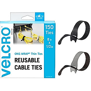VELCRO Brand 150pk Cable Ties Value Pack | Replace Zip Ties with Reusable Straps, Reduce Waste | For Wire Management and Cord Organizer | 8 x 1/2" Thin Pre-Cut Design, Black and Gray