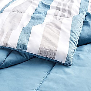 Amazon Basics Ultra-Soft Lightweight Microfiber Reversible Comforter Bedding Set, Twin/Twin XL, Teal/Beige Stripes