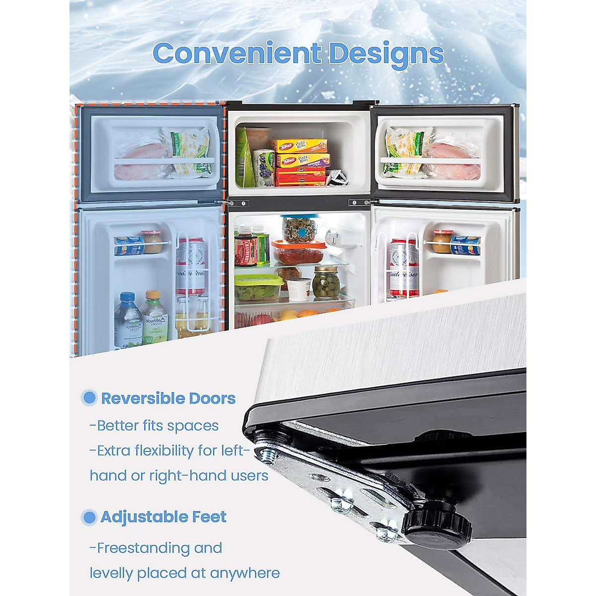 Nafort Mini Fridge with Freezer, 3.2Cu.ft 2-Door Compact Refrigerator with Reversible Door, Removable Glass Basket/Shelves & Recessed Handle for Home, Bedroom, Office, Dorm, Garage (Grey)