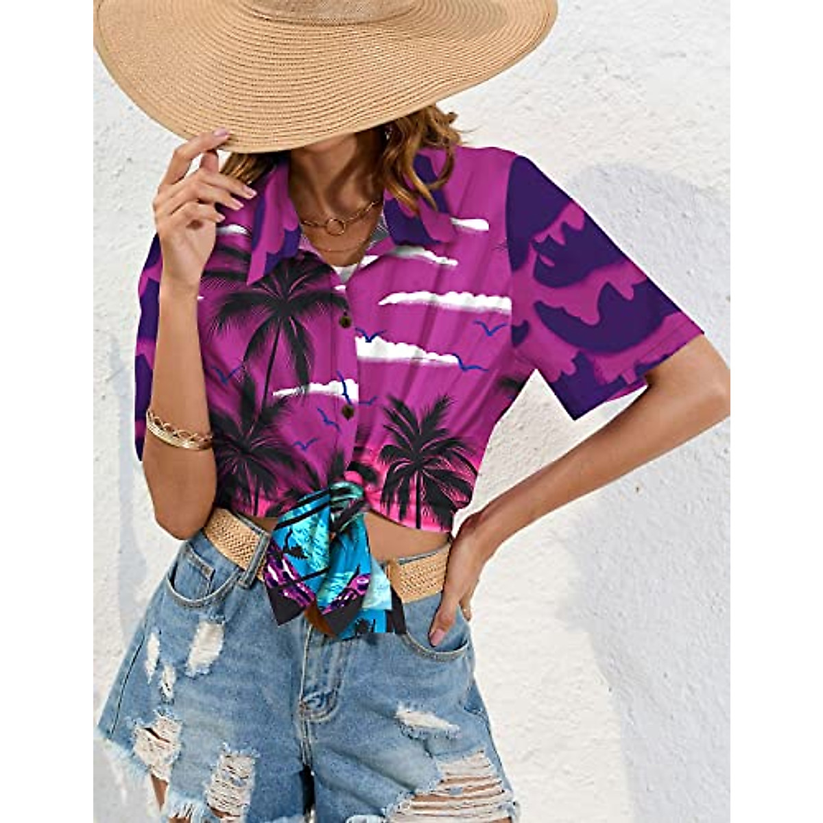 LILYCHIC Womens Hawaiian Tops Summer Floral Print V Neck Shirt Short Sleeve Tropical Beach Luau Party Outfits Purple XL