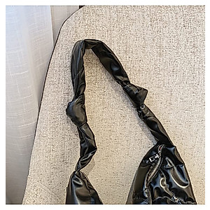 Large Puffy Tote Bag for Women, Lightweight Quilted Cotton Padded Puffy Shoulder Bag, Down Designer Handbag Crossbody Bag (Black)