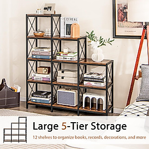 Tangkula 9 Cubes Bookshelf, 5-Tier Stepped Bookcase w/Carbon Steel Frame, Anti-Tipping Kits & Adjustable Foot Pads, 12 Shelves Storage Open Display Shelf for Home Office (9-Cube, Brown)