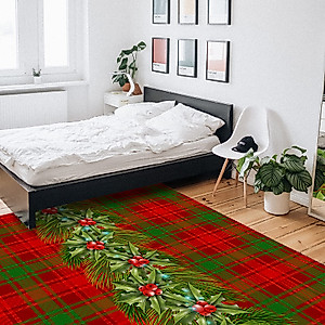 Savannan Area Rugs, Christmas Poinsettia Pine Branches Plant Red Green Plaid Tartan Rectangle Floor Rugs Indoor Non-Slip Accent Rug for Living Room Bedroom Office Kids Room Nursery, 2'x3'