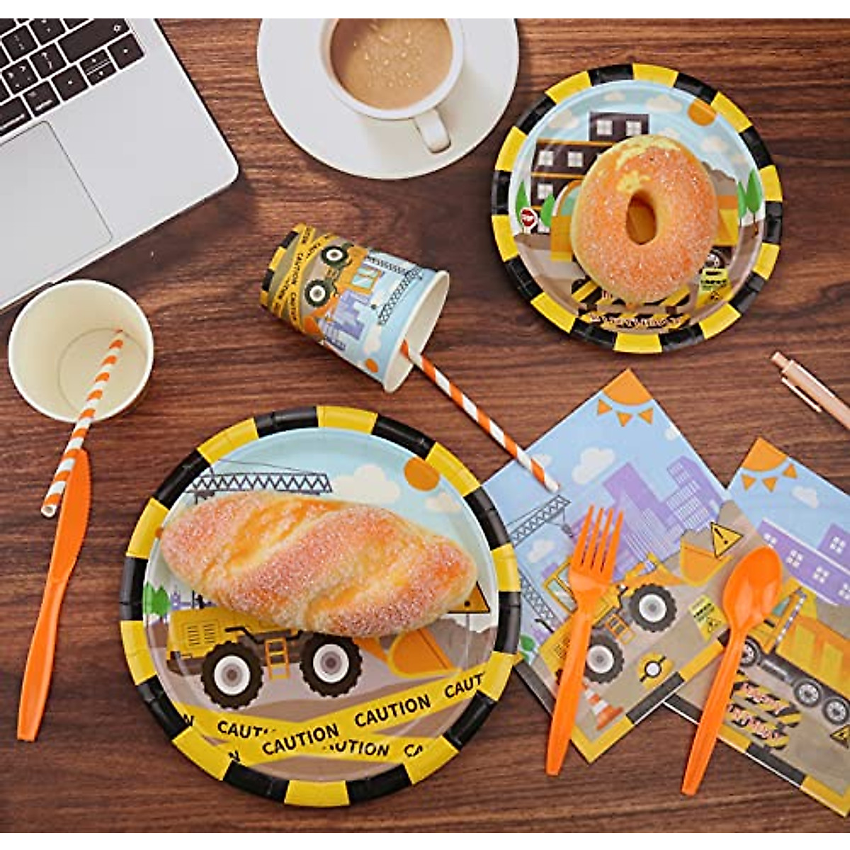 Construction Truck Party Supplies Tableware Set - Dump Truck Banner, Tablecover, Plate, Cups, Napkins, Balloons, Cake Toppers, Foil Balloon, for Party Decorations Kids Birthday Serves 20 Guests