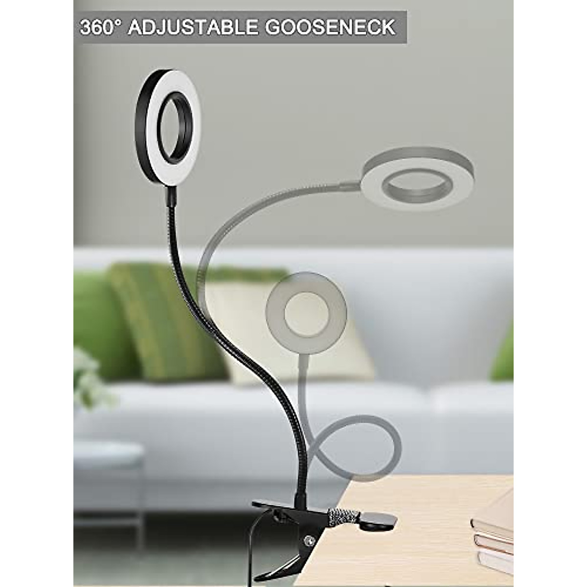 Clip on Light Reading Lamp, 48 LED Clamp Lamp with 3 Color Modes, 10 Dimmable Brightness, 360° Flexible Gooseneck Desk Lamp, Eye Protection Book Clamp Light for Video Conferencing Desk Bed Headboard