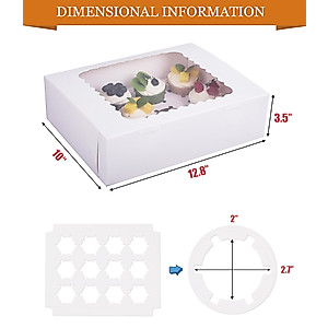LONGTEAM 6-Set Cupcake Boxes Hold 12 Standard Cupcakes, Food Grade Cupcake Holders Bakery Carrier Boxes with Windows and Inserts for Cupcakes, Muffins and Pastries (White-6 Pack)