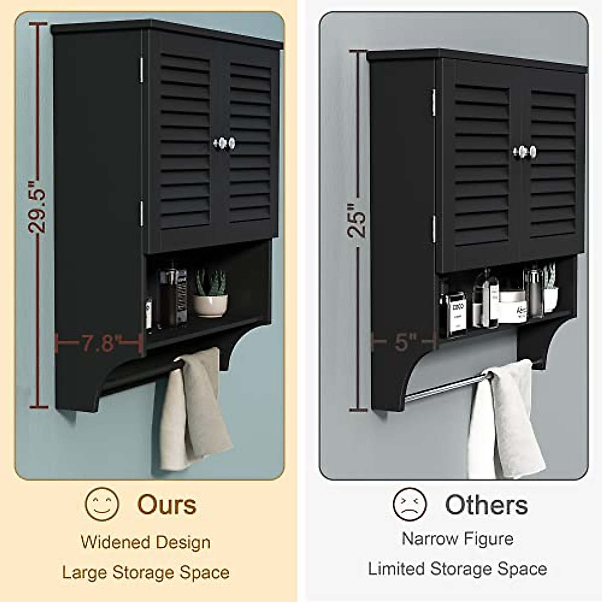 ChooChoo Bathroom Wall Cabinet with Towels Bar, 23.6" L x8.9 W x29.3 H MDF Material Medicine Cabinet, 2 Doors Over The Toilet Space Saver Storage Cabinet with Large Space, Black