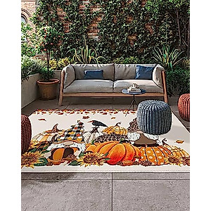 Outdoor Patio Rugs Fall Maple Leaves Gnome Outdoor Area Rug Harvest Pumpkin Sunflower Non-Slip Backyard/Camping RV Rug/Deck/Porch Rug Front Door Floor Mat Carpet,4x6ft,