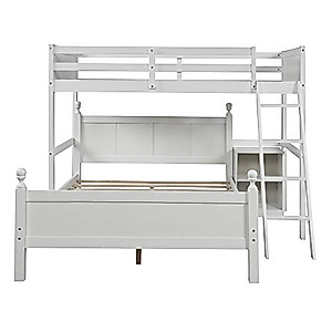 Lepfun Twin Over Full Bunk Bed with Cabinet and Ladder, Wood Loft Bed Frame, Convertible Into 2 Single Beds, No Box Spring Needed, White