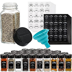 Tebery 30 Pack Glass Spice Jars Square Glass Bottles with Black Caps, 4oz Empty Spice Containers Shakers Complete Organizer Set Includes Wide Funnel and Labels