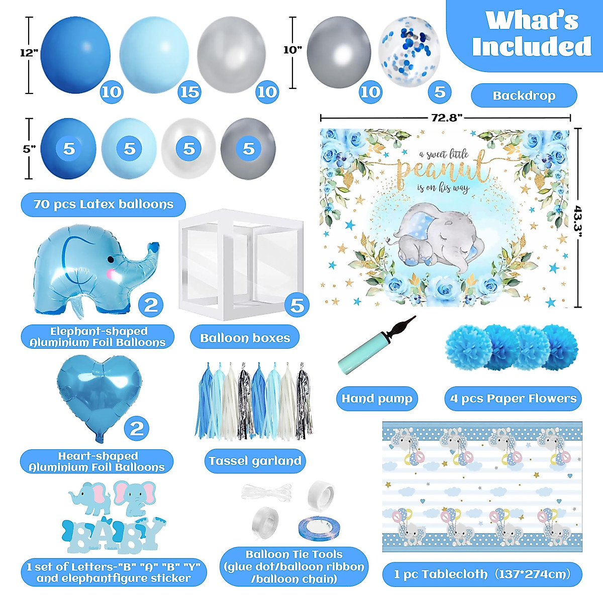 PARTY SPOT! 94 pcs Baby Shower Decorations for Boy, 5 Pcs White Balloon Boxes, 70 pcs Latex Balloons, Blue Elephant Theme Baby Shower Decorations Gender Reveal Party Supplies