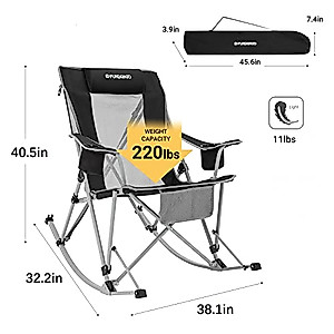 FUNDANGO Lightweight Portable Camping Rocking Chair Outdoor for Adults Fold Up Stable Collapsible Lawn Rocker for Patio, Beach, Concert, Deck, Sports, Holds up to 300lbs, Oversized, Greymesh