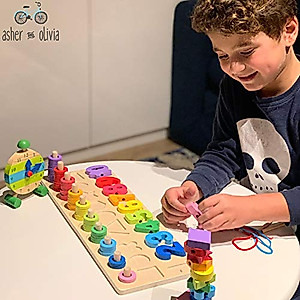 Montessori Fine Motor Skill Toys - Math Wooden Number Shape Set with Learning Clock and Lacing Beads Montessori Toy for Toddlers 3 4 5 Year Old Preschool Learning Toys, Sorting Stacking Counting