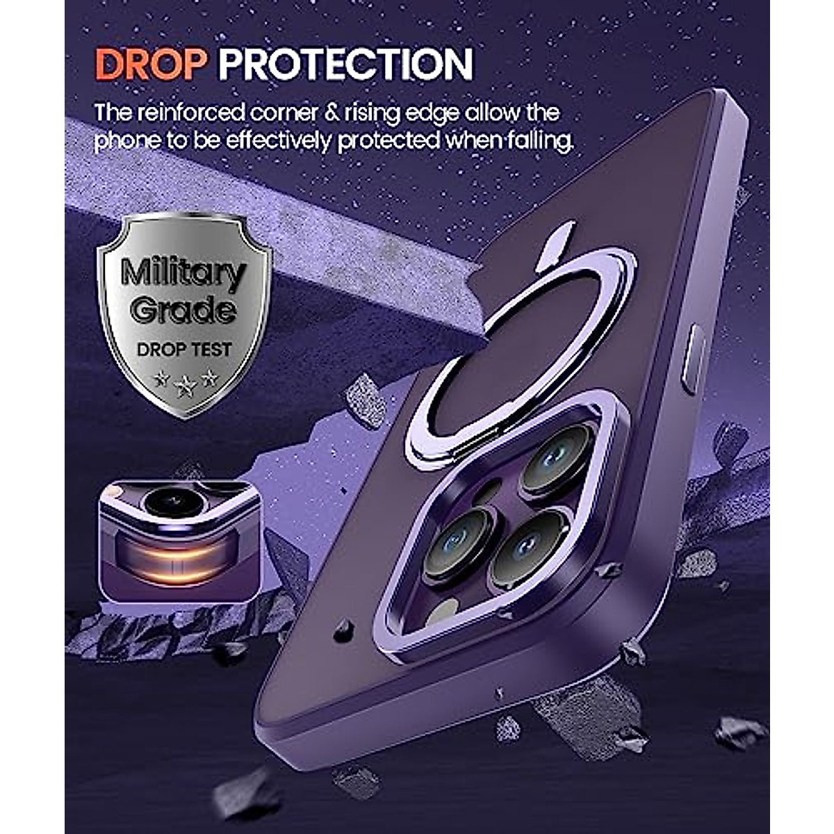 Caka 360° Rotatable Ring for iPhone 14 Pro Max Phone Case with Screen Protector & Kickstand Magnetic Ring Holder Protective Matte Case for iPhone 14 Pro Max 6.7 inches - Deep Purple