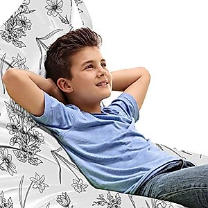 Ambesonne Daffodil Lounger Chair Bag, Blowing Bouquets Illustration Flower Petals Leaves Anemone and Violet Blooms, High Capacity Storage with Handle Container, Lounger Size, Grey and White