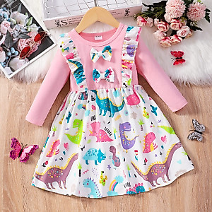 RETSUGO Baby Girl Dinosaurs Casual Splicing Ruffles Bowknot Dresses for Toddler Girls Long Sleeve Party Winter Outfits dinosaurs-1207-3T