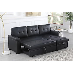 Lilola Home Lexi Black Synthetic Leather Modern Reversible Sleeper Sectional Sofa with Storage Chaise
