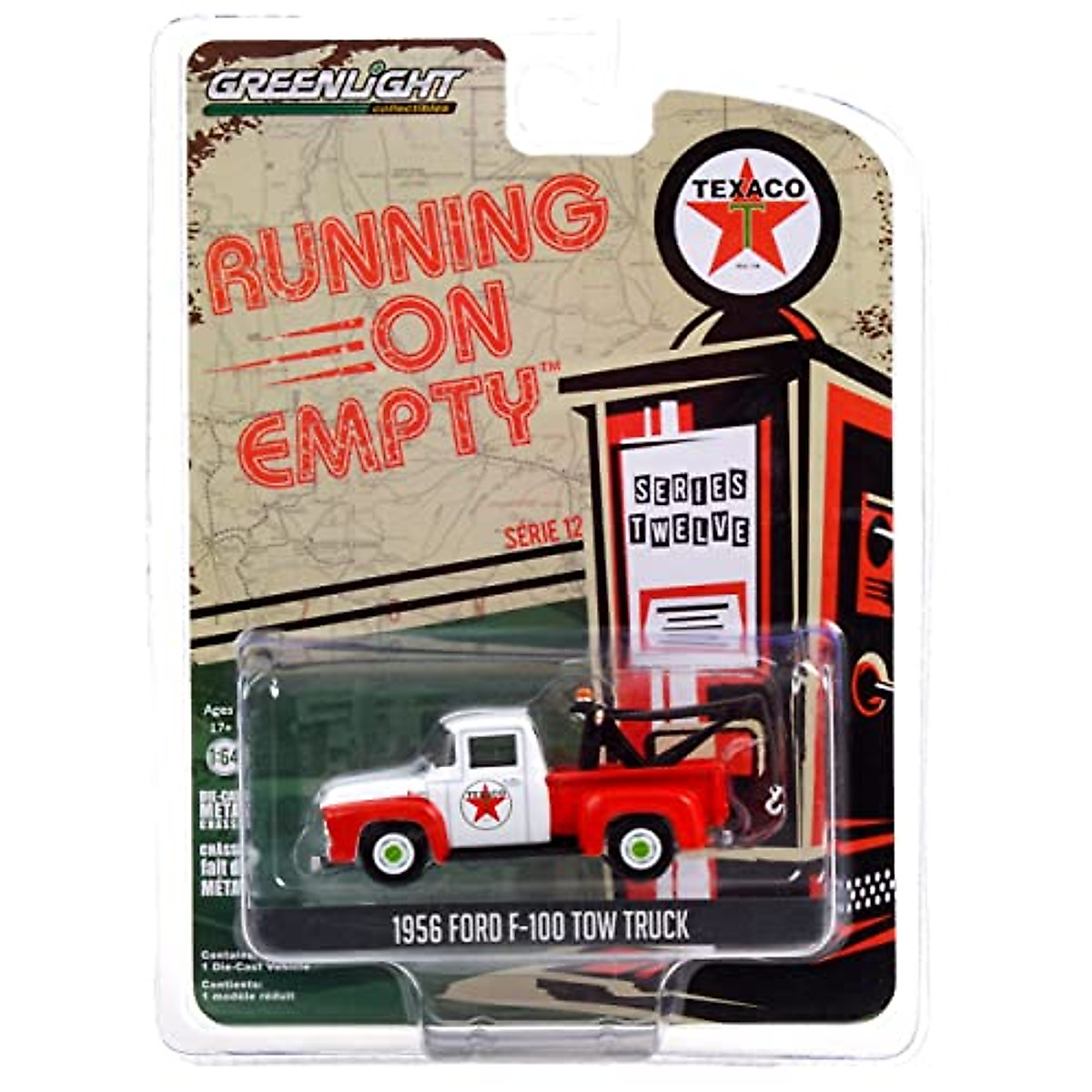 Greenlight 41120-B Running on Empty Series 12-1956 F-100 Tow Truck - Tex a co Filling Station Wrecker 1/64 Scale Diecast