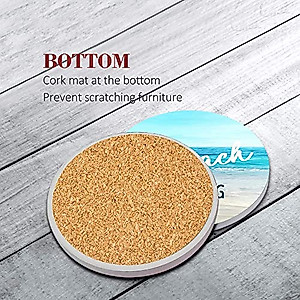 Coaster for Drinks Set of 6, Antique Teal Blue Wood Beach Absorbent Round Ceramic Stone Mat, with Cork Base and Metal Holder, Gift for Housewarming Room Bar Decor