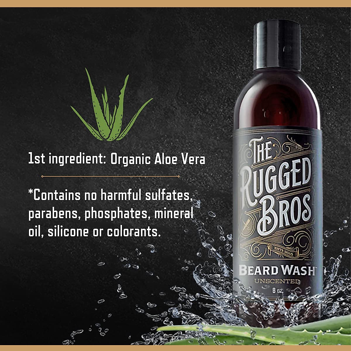 The Rugged Bros Beard Wash Unscented for Face and Beards - Natural Shampoo Made with Organic Aloe Vera Leaf Juice - Cleanses Facial Oil and Dirt While Softening and Moisturizing