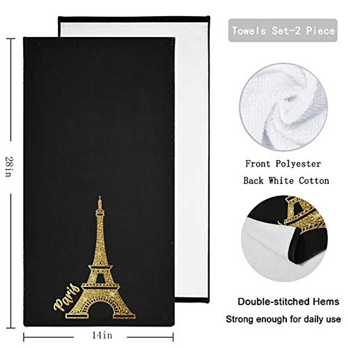 Naanle Beautiful Shiny Eiffel Tower with Gold Glitter Luxury 2-Pack Soft Highly Absorbent Fluffy Guest Decor Hand Towels, Multipurpose for Bathroom, Hotel, Gym and Spa (14" x 28",Black)