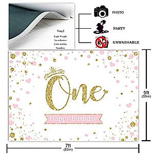 Avezano 1st Birthday Backdrop for Girl Pink and Gold Princess Birthday Party Photoshoot Crown Glitter Confetti Baby First One Happy Birthday Party Decorations Background (7x5ft, Pink and Gold)