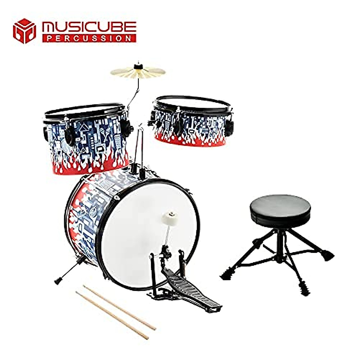 MUSICUBE Junior Drum Set, Kids Drum Set 10 inch 3-Piece with Adjustable Throne, Cymbal, Pedal & Hardwood Drumsticks, Fire Flower Painted Model