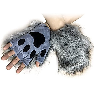 HAOAN Wolf Fox Tail Clip Ears and Gloves Set Halloween Christmas Fancy Party Costume Toys Gift for Women and Man Gray