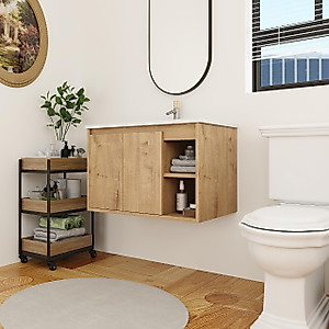 San Merah 30" Wall-Mounted Bathroom Vanity with Sink - Floating Single Door Cabinet & Right Shelf, Space-Saving Modern Design for Small Bathrooms, Ceramic Basin Combo