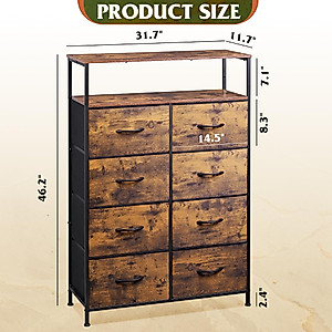 WLIVE Fabric Dresser for Bedroom with Open Shelves, Tall Dresser with 8 Drawers, Storage Tower with Fabric Bins, Chest of Drawers for Closet, Hallway, Rustic Brown Wood Grain Print