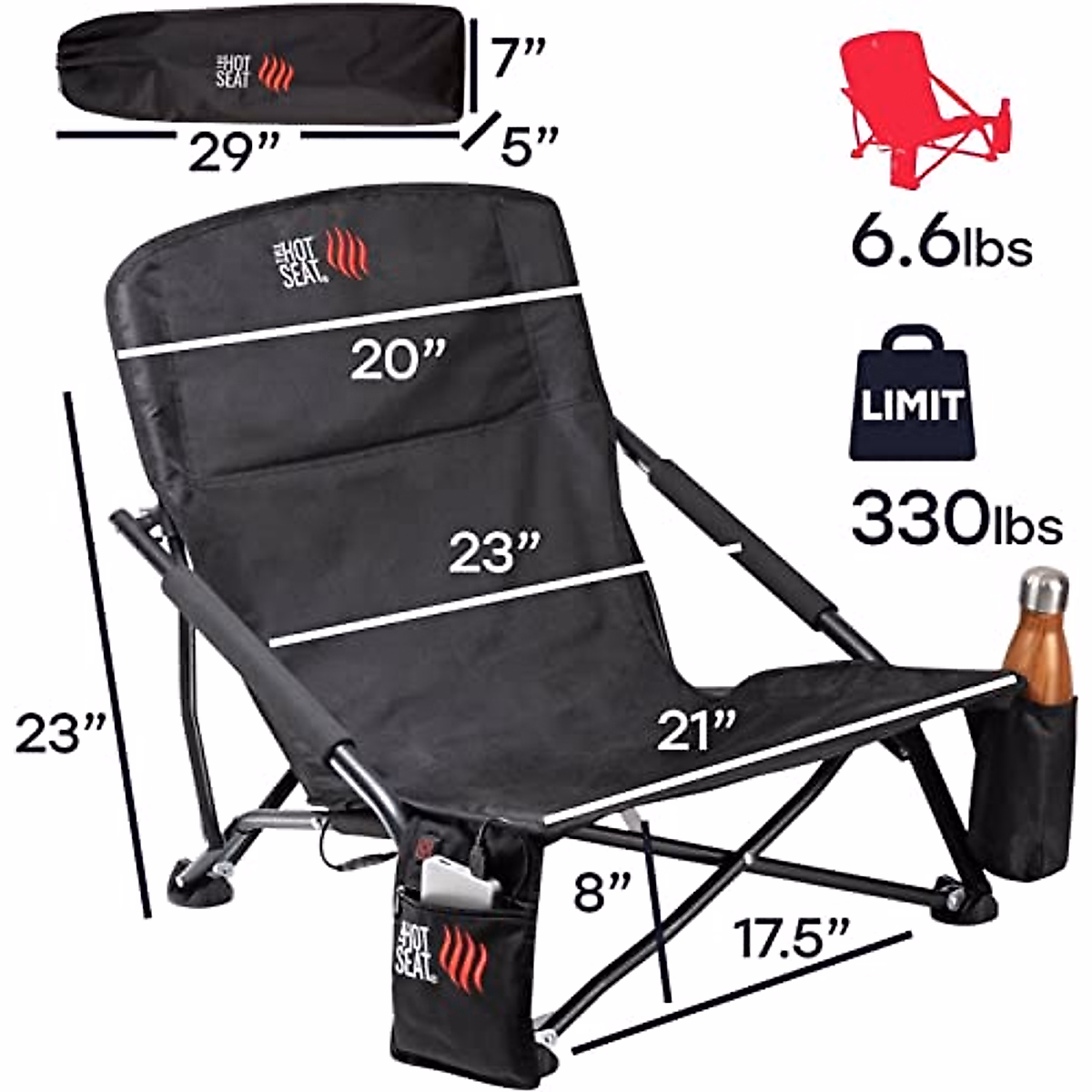 POP The Hot Seat, Heated Lightweight Folding Low Beach Chair, 2 Zipper Pockets, Padded Armrests, Portable with Carry Bag, Perfect for Camping, Beach, Soccer and Lawns. (Battery NOT Included)