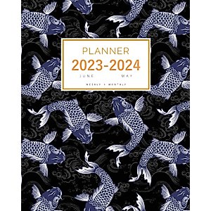 Planner 2023-2024: 8x10 Weekly and Monthly Organizer Large from June 2023 to May 2024 | Japanese Style Carp Fish Design Black