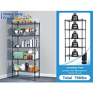 5-Tier Metal Wire Shelving Unit Snack Shelf Height Adjustable Storage Rack NSF Certified Storage Shelves 750 Lbs Capacity Standing Utility Shelf for Laundry Kitchen Pantry Garage Organization