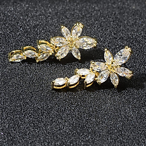 Gold Cubic Zirconia Bridal Earrings - Women’s Marquise CZ Cluster Floral Leaf Crystal Rhinestone Dangle Drop Earring Sterling Silver for Bride Bridesmaids Mother of Bride Party Prom Earrings for Girls