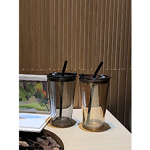 2 Pack 16 Ounce Tumbler with Lid and Straw, Leakproof Glass Cups with Lids and Straws, Iced Coffee Cup Silicone Sleeve Smoothie Cup Boba Cup