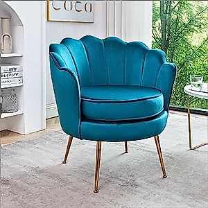 Container Furniture Direct Velvet Barrel Accent Chair with Scalloped Silhouette and Gold Metal Legs, Decorative Piece Suitable for Traditional, Modern, and Contemporary Spaces, Greenish Blue