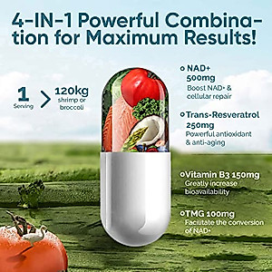 solodate NAD Supplement 99% Purity, 4-in-1 Upgraded NAD Resveratrol Supplement 1000mg Per Serving for Maximum Anti-Aging, Energy and Immune Support - 3 Pack