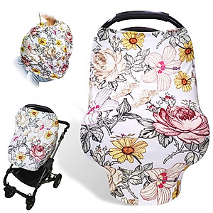 Floral Baby Car Seat Cover Girls, Infant Carseat Canopy, Stretchy Multi- use Nursing Cover for Stroller/High Chair/Shopping Cart/Car Seat Canopies