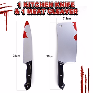 ArtCreativity Fake Bloody Knife Set for Halloween - Bloody Knife Prop Set with Meat Cleaver and Kitchen Knife - Two Highly Detailed Plastic Knives for Halloween Costumes - Toy Knife Set with Blood