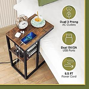 Yoobure C Shaped End Table with Charging Station, Small Side Tables for Living Room, Bedroom, Sofa Table with USB Ports and Outlets for Small Spaces, C Couch Table Rustic Snack Table Bed Side Table
