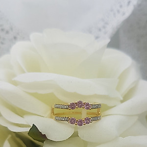 Dazzlingrock Collection 14K Pink Sapphire & White Diamond Wedding Band 3 Stone Enhancer Guard Ring, Yellow Gold, Size 6
