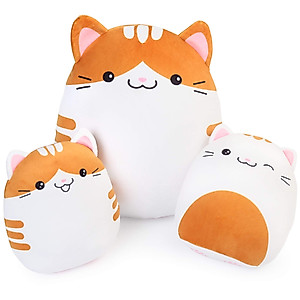 BenBen Cat Plush Toy, Set of 3, 12'' and 7'' Squishy Kitty Stuffed Animal Toy Hugging Pillow, Soft Cushion Plushies Gift for Kids, Easter Basket Stuffers