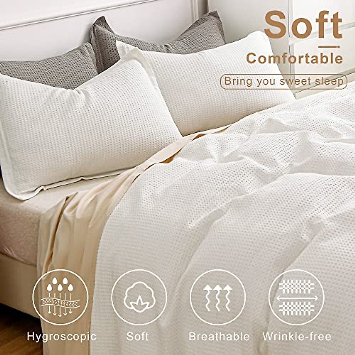 MADELUO 100% Cotton Duvet Cover Queen, Waffle Weave White Duvet Cover Set, Soft Breathable Luxury Comforter Cover Bedding Set with 4 Corner Ties & Zipper Closure (White, Queen(90"x 90"))