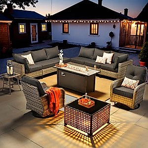 HOOOWOOO Outdoor Patio Furniture Set with Fire Pit Table,11 Pieces Wicker Out Door Sectional Furniture L Shaped Couch,Outside Patio Conversation Sets Swivel Chair,Black
