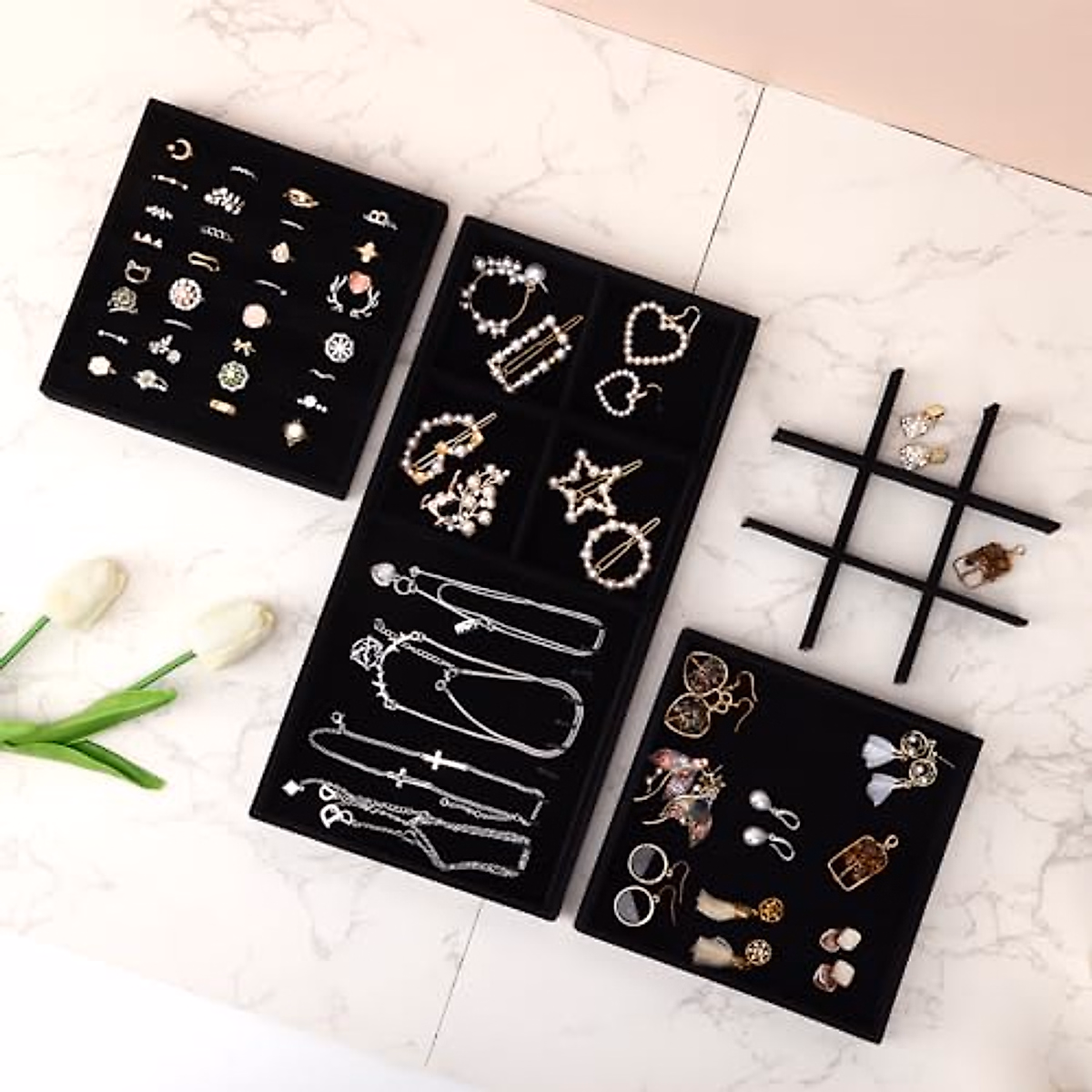 Fixwal Jewelry Tray for Drawers Set of 3, 14in Stackable Jewelry Organizer, Jewelry Storage for Earring, Necklace, Bracelet, Watch with Removable Divider, Black