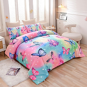 Btargot 3 Piece Purple Butterfly Girls Kids Adults Queen Size Comforter Set, Lightweight Soft All Season Bedding Set with 2 Pillowcases