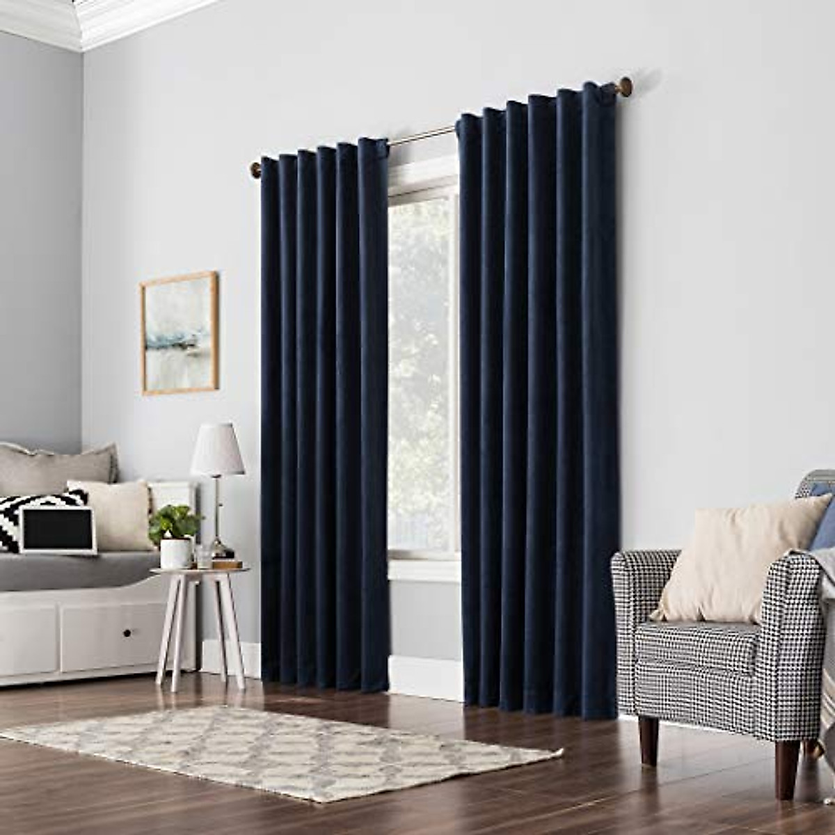Sun Zero Hampshire Velvet Noise Reducing Thermal Extreme Total Blackout Back Tab Curtain Panel, 50" x 84", Navy Blue